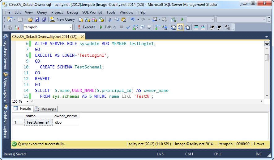 CONTROL SERVER Vs Sysadmin Differences When Creating A Schema Sqlity